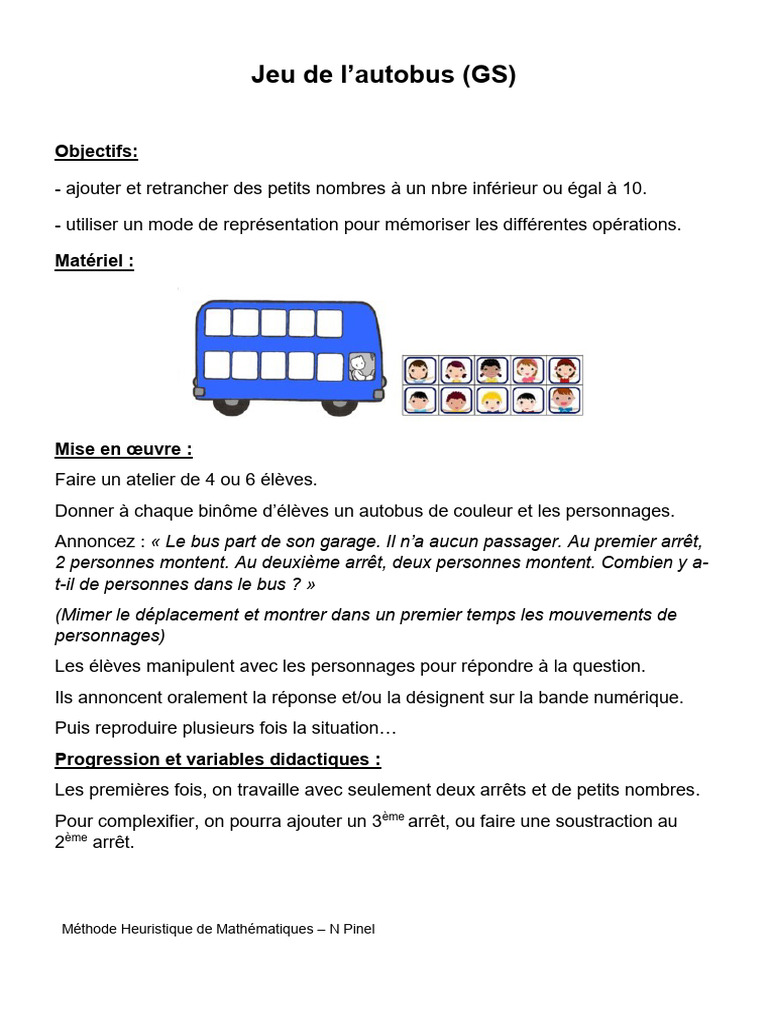Jeu de l'autobus en GS : Addition et Soustraction | PDF