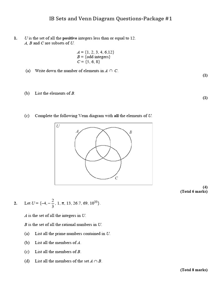 Ib Sets and Venn Diagram Package 1 2013 | PDF | Numbers | Rational Number