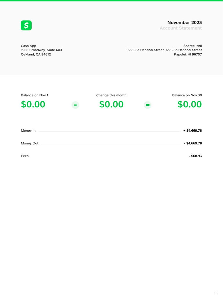 Cash App November 2023 Account Statement | PDF | Bitcoin | Debit Card