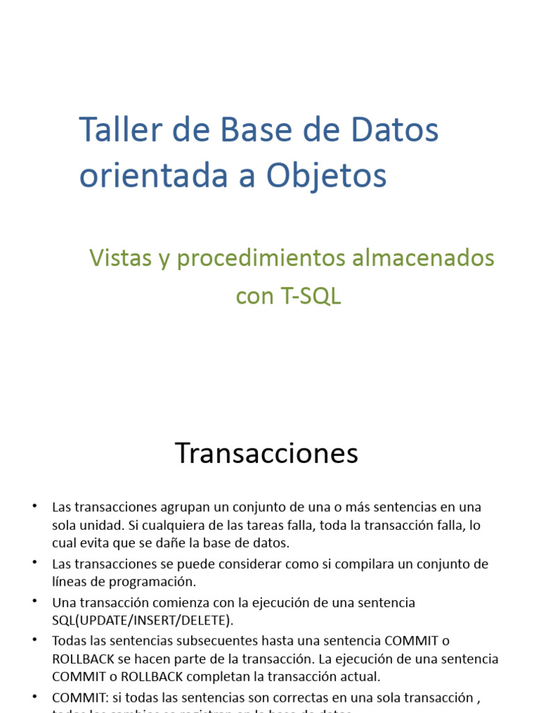 Transacciones y Vistas en T-SQL | PDF | SQL | Servidor SQL de Microsoft