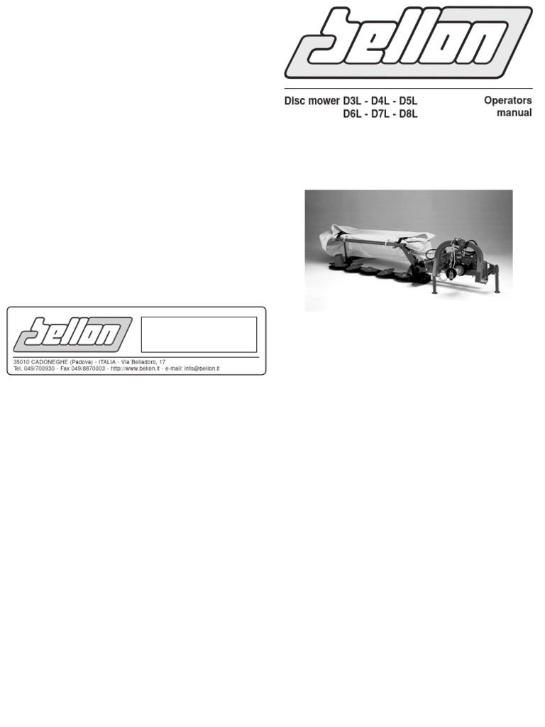 Bellon Disc Mower Models D3L-D8L Guide | PDF | Tractor | Mower