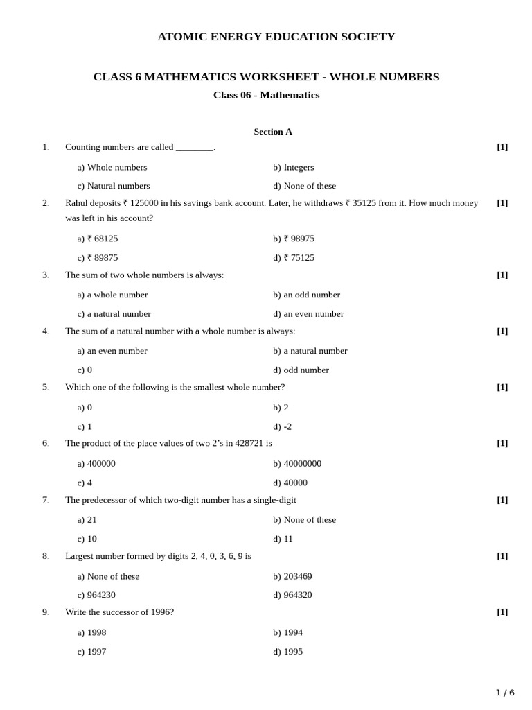 Class 6 Worksheet - Whole Numbers | PDF | Numbers | Natural Number