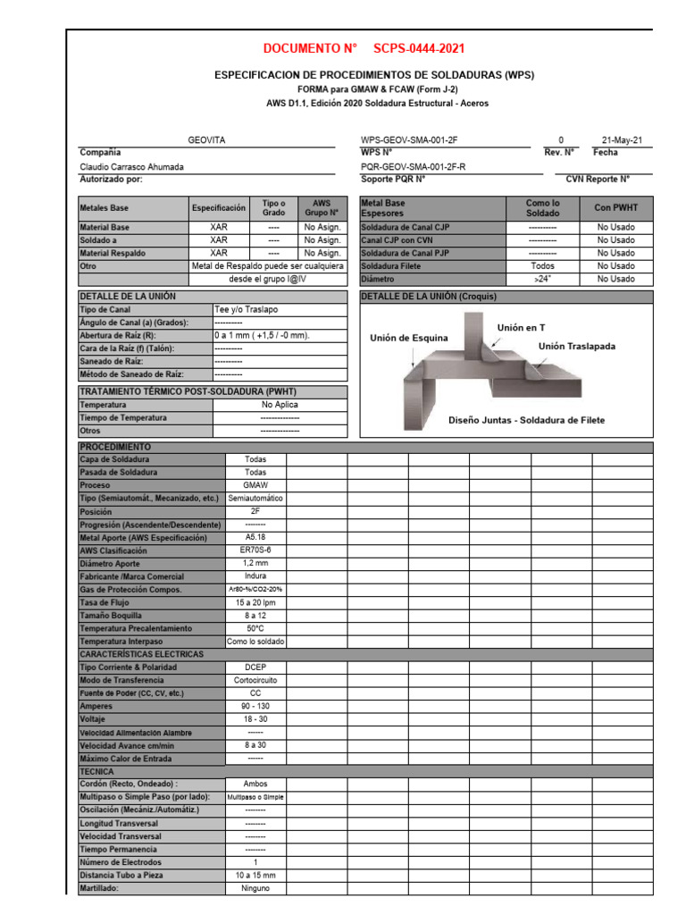Especificación WPS para GMAW y FCAW | PDF | Soldadura | Construcción