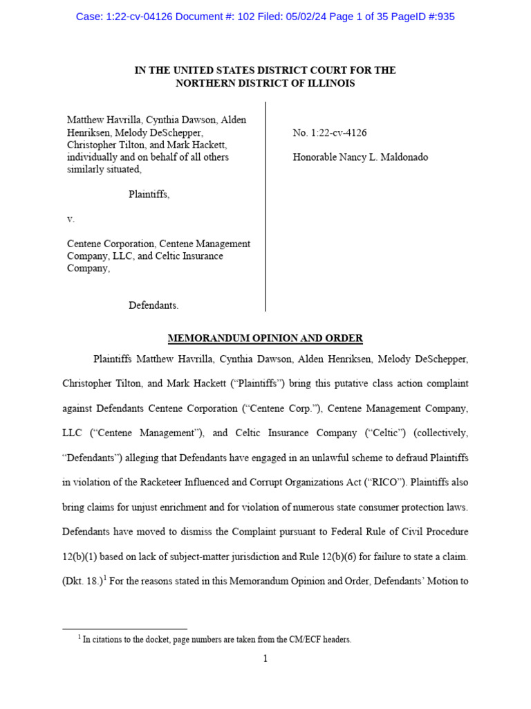 Havrilla Et Al. v. Centene Et Al. - Motion To Dismiss Opinion | PDF ... Havrilla Et Al. v. Centene Et Al. - Motion To Dismiss Opinion | PDF ...
