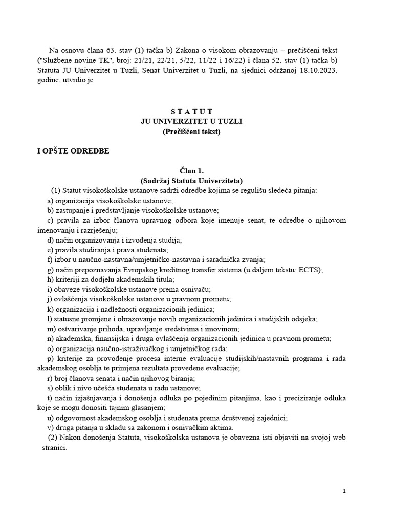 STATUT JU UNTZ Precisceni Tekst 18 10 2023 | PDF