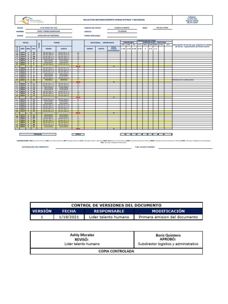 Eder Torres Barragan Solicitud Reconocimiento de Horas Extras Marzo | PDF