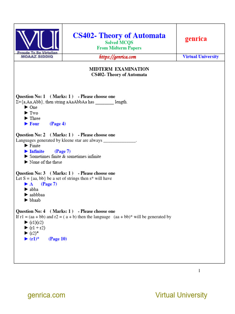 CS402-Mid Term Solved MCQs With References by Moaaz | PDF | Theoretical Computer Science ...
