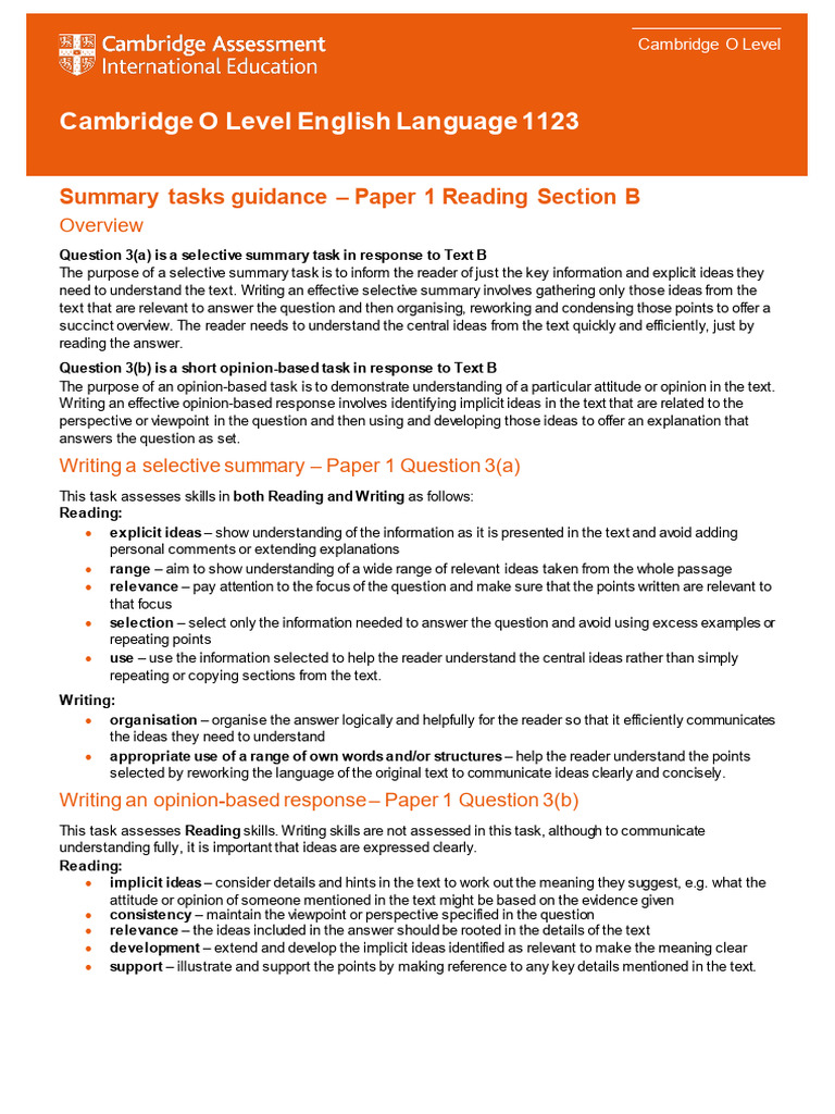 O Level English 1123 Summary Guidance Pdf Learning Question
