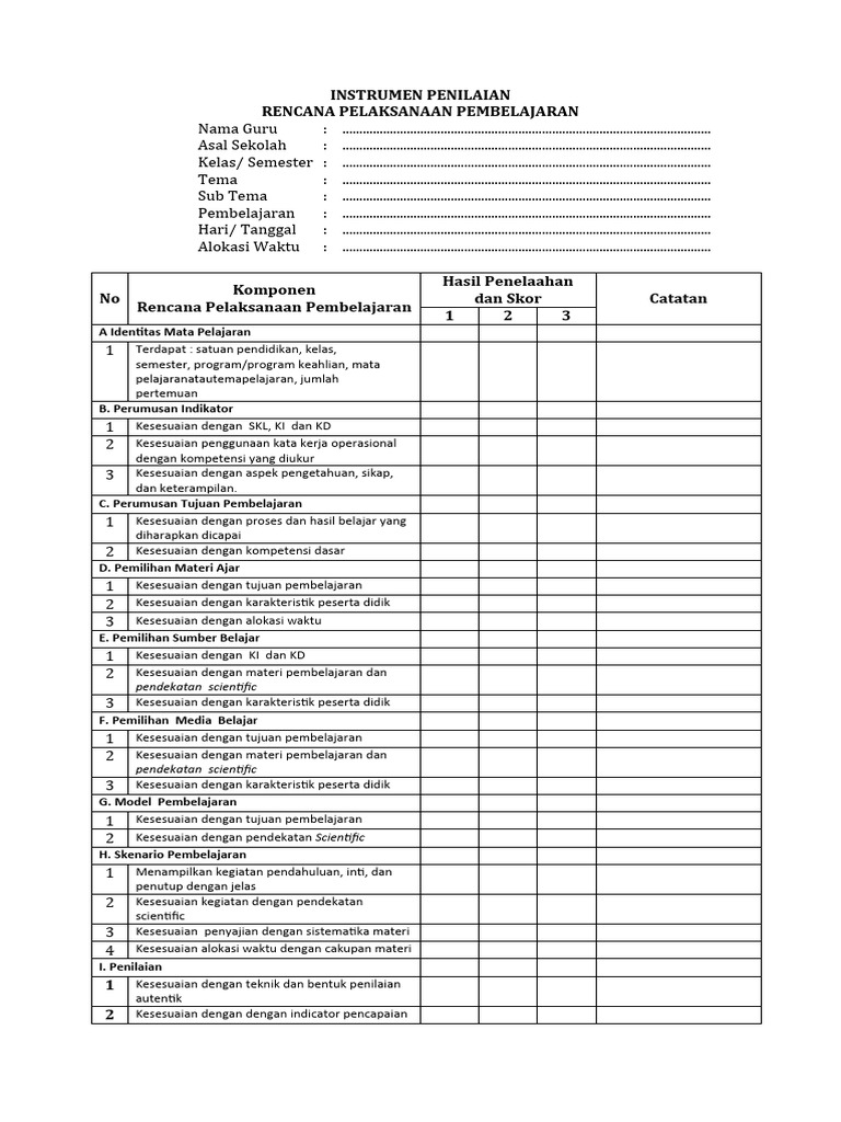 Instrumen Penilaian RPP & PBM K.13 | PDF | Karier & Perkembangan