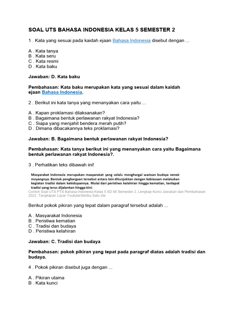 Soal Uts Bahasa Indonesia Kelas 5 Semester 2 | PDF | Seni & Disiplin Bahasa