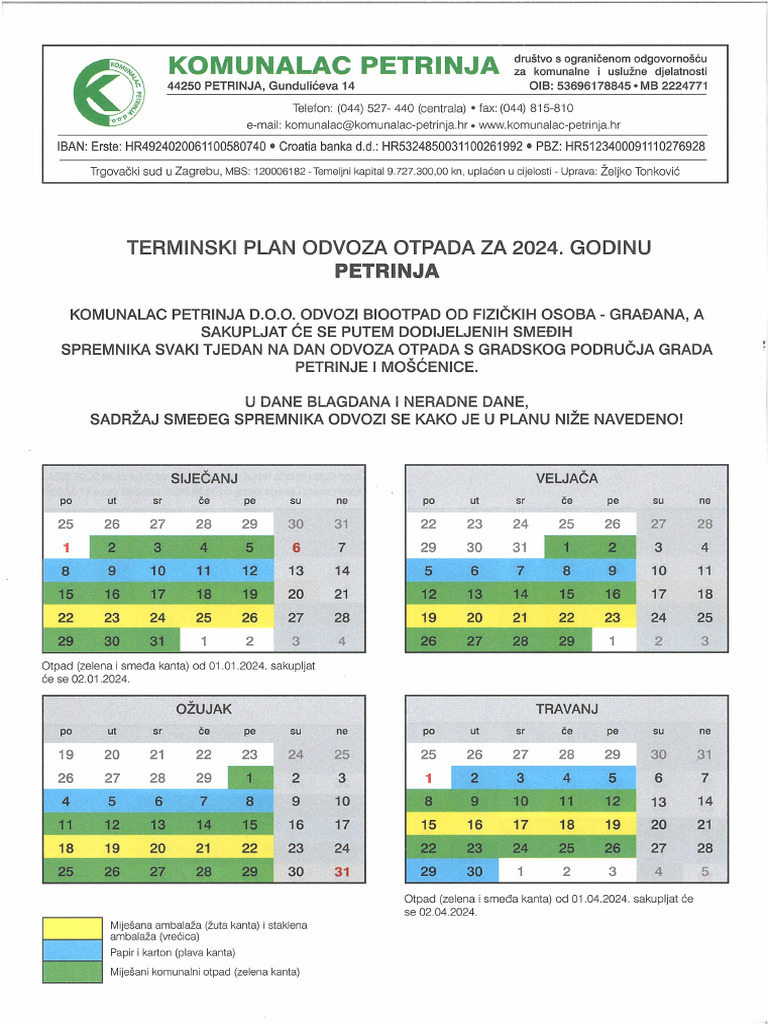 Terminski Plan Odvoza Otpada 2024 Petrinja | PDF