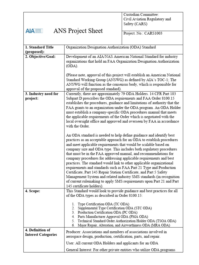ODA Standard Project Sheet Approved | PDF | Aviation