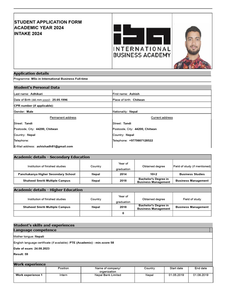 Appl Form MSC International Business | PDF | Academic Degree ...