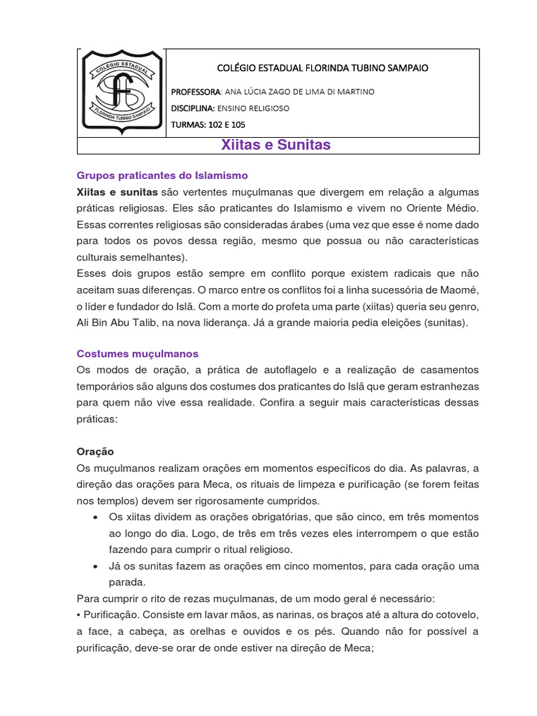 22 - Ensino Religioso - Xiitas e Sunitas | PDF | Islã Xiita | Islamismo ...