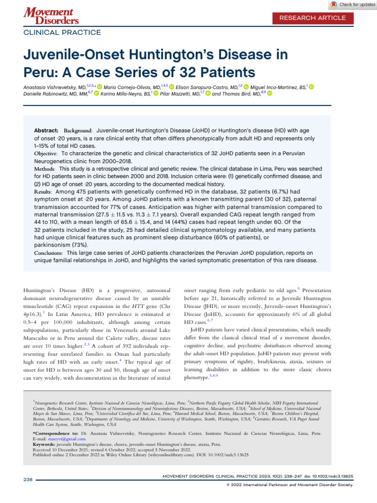Juvenile‐Onset Huntington's Disease in Peru-- A Case Series of 32 ...