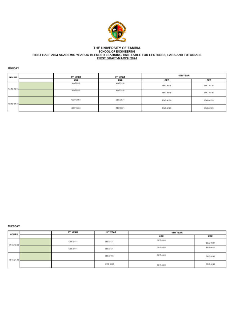 UNZA Blended Learning Timetable 2024 | PDF