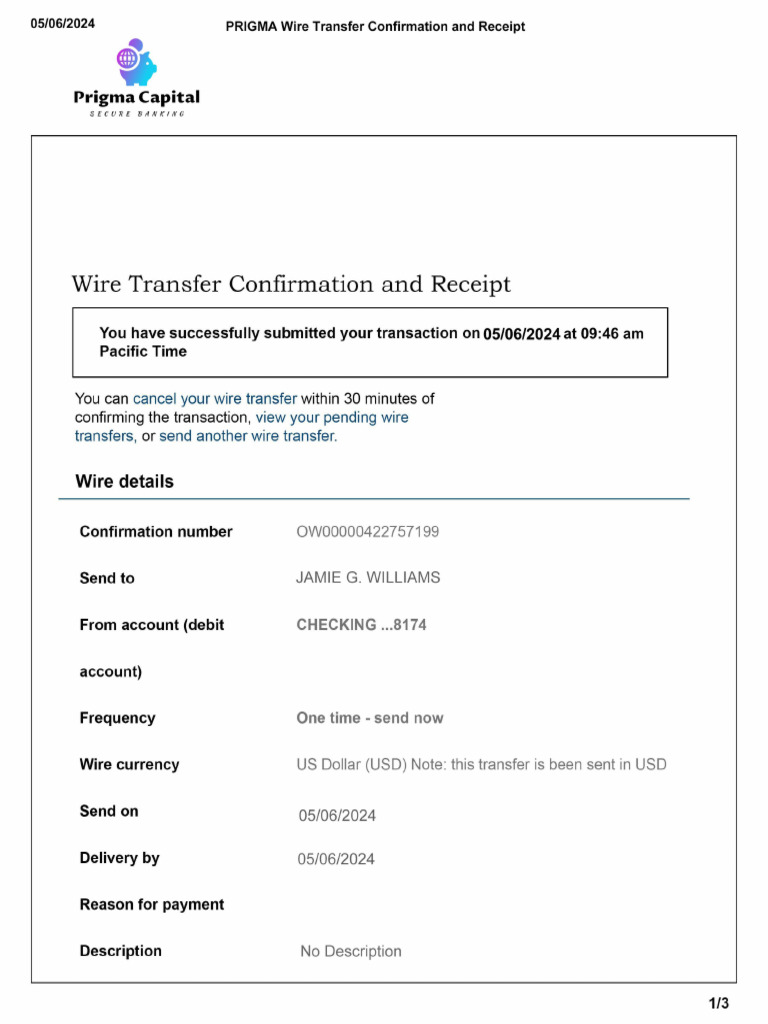 PRIGMA Wire Transfer Confirmation | PDF