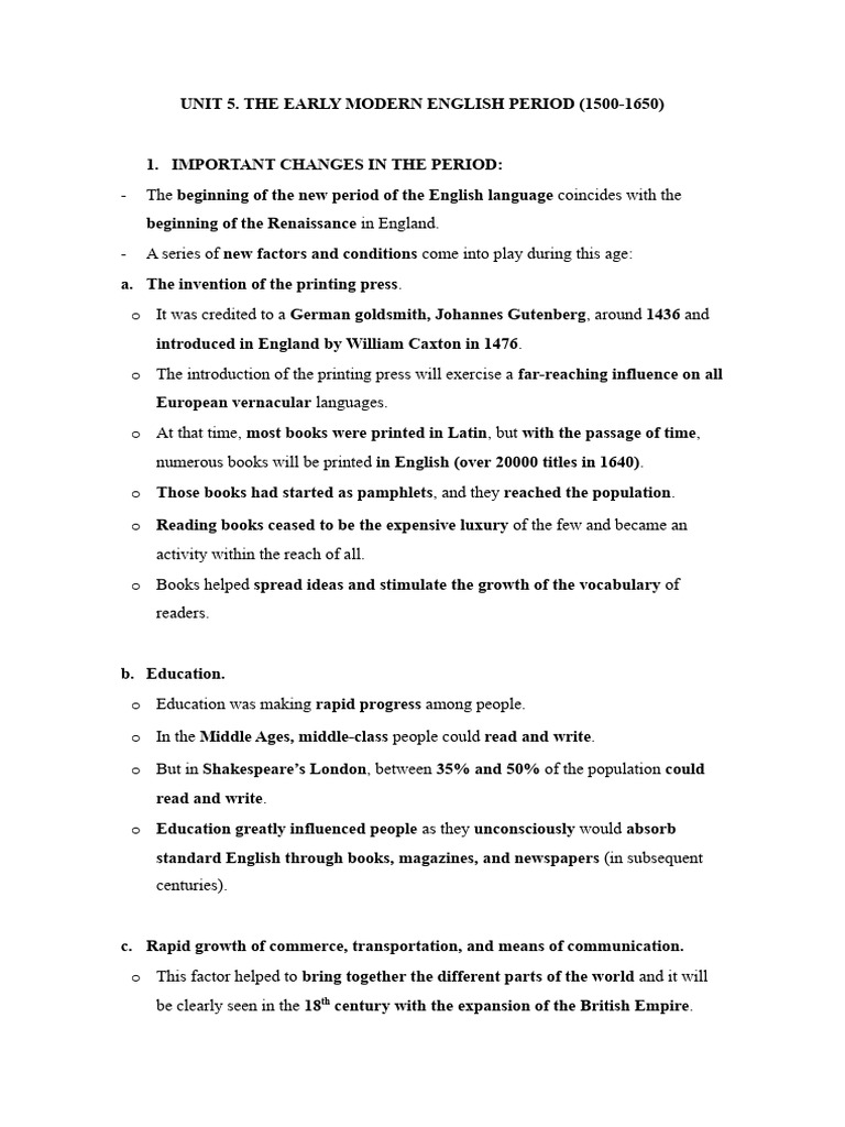 Unit 5. The Early Modern English Period (1500-1650) | PDF | English ...