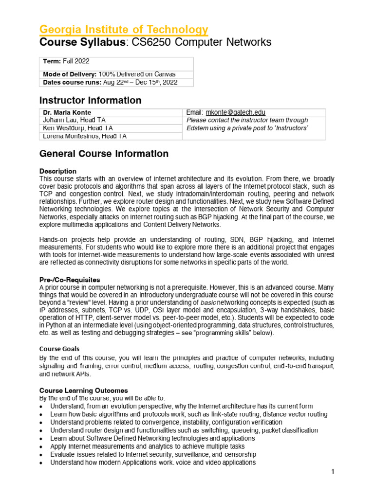 CS6250 Computer Networks Syllabus Fall 2022 | PDF | Computer Network | Internet