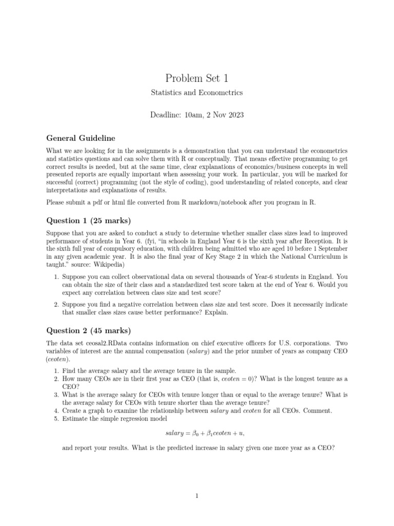 Problem Set 1: General Guideline | PDF | Ordinary Least Squares | Estimation Theory