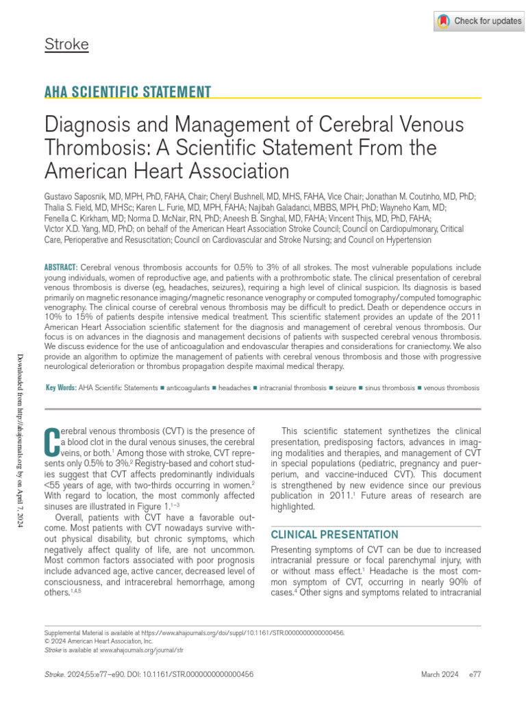 Diagnosis and Management of Cerebral Venous Thrombosis A Scientific Statement From The American ...