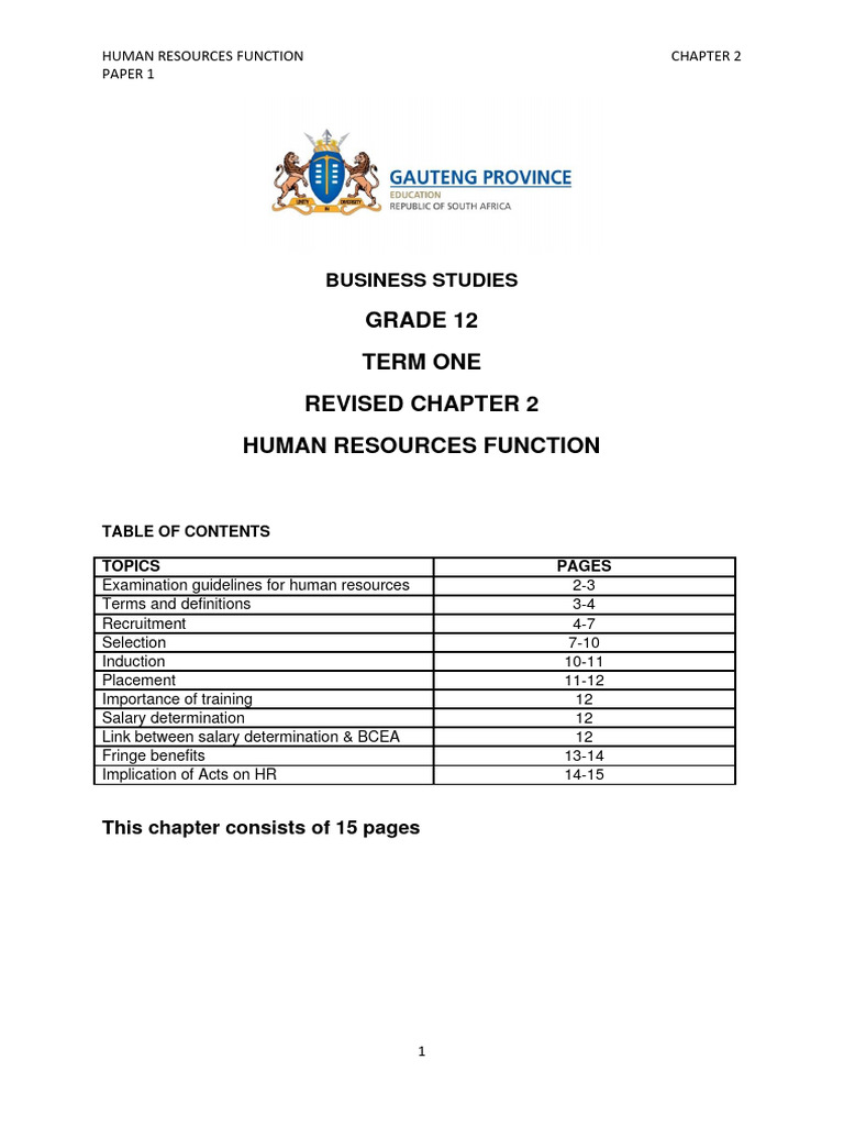 Gr12 Chapter2-Human Resource Function | PDF | Recruitment | Employment