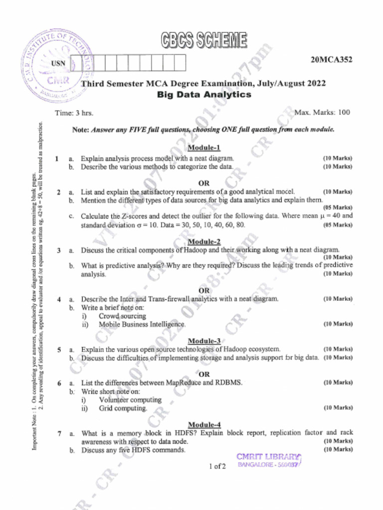 VTU Question Paper of 20MCA352 Big Data Analytics June-2022 | PDF