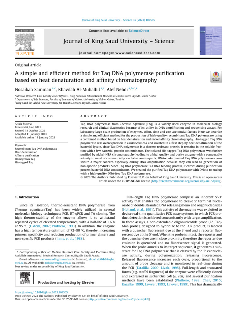 A Simple and Efficient Method For Taq DNA Polymerase Purification Based ...