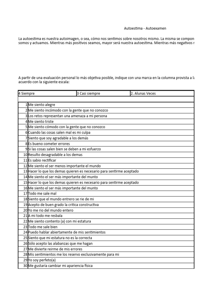 Prueba de Autoestima | Descargar gratis PDF | Autoestima | Psicología ...