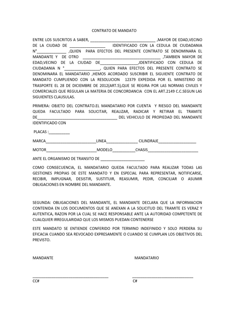 CONTRATO DE MANDATO PODER TRAMITES TRANSITO | PDF