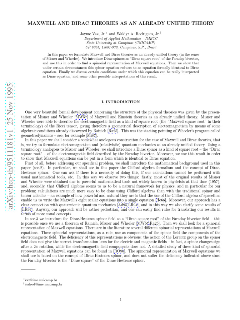 Maxwell and Dirac Theories As An Already Unified Theory | PDF | Field ...