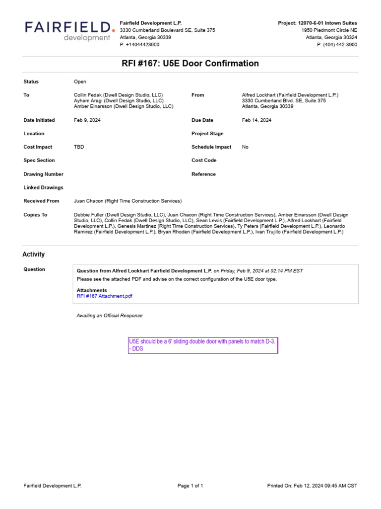 RFI 167 - U5E Door Confirmation_RESPONSE | PDF | Shower | Dishwasher