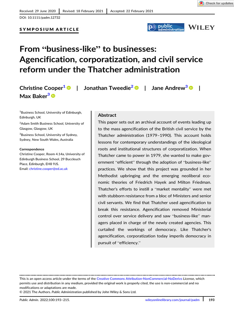 Public Administration - 2021 - Cooper - From Business Like To ...