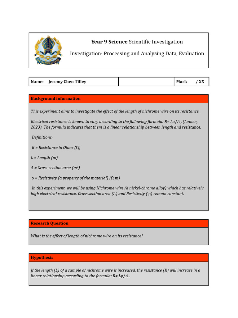 Resistance of Nichrome Wire - Processing and Analysing Data, Evaluation ...