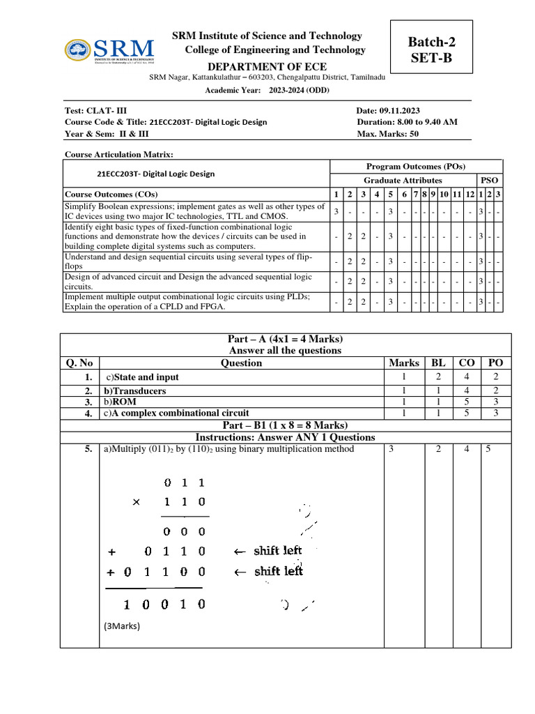 Batch2 - Set B - CT3 Answer Key | PDF | Logic Gate | Electronic Circuits