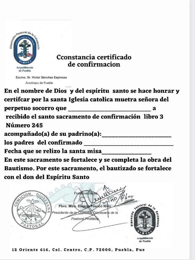 Certificado Confirmacion | PDF