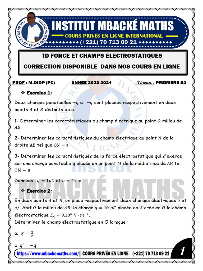 Exercices sur force et champ électrostatique | PDF | Électrostatique ...