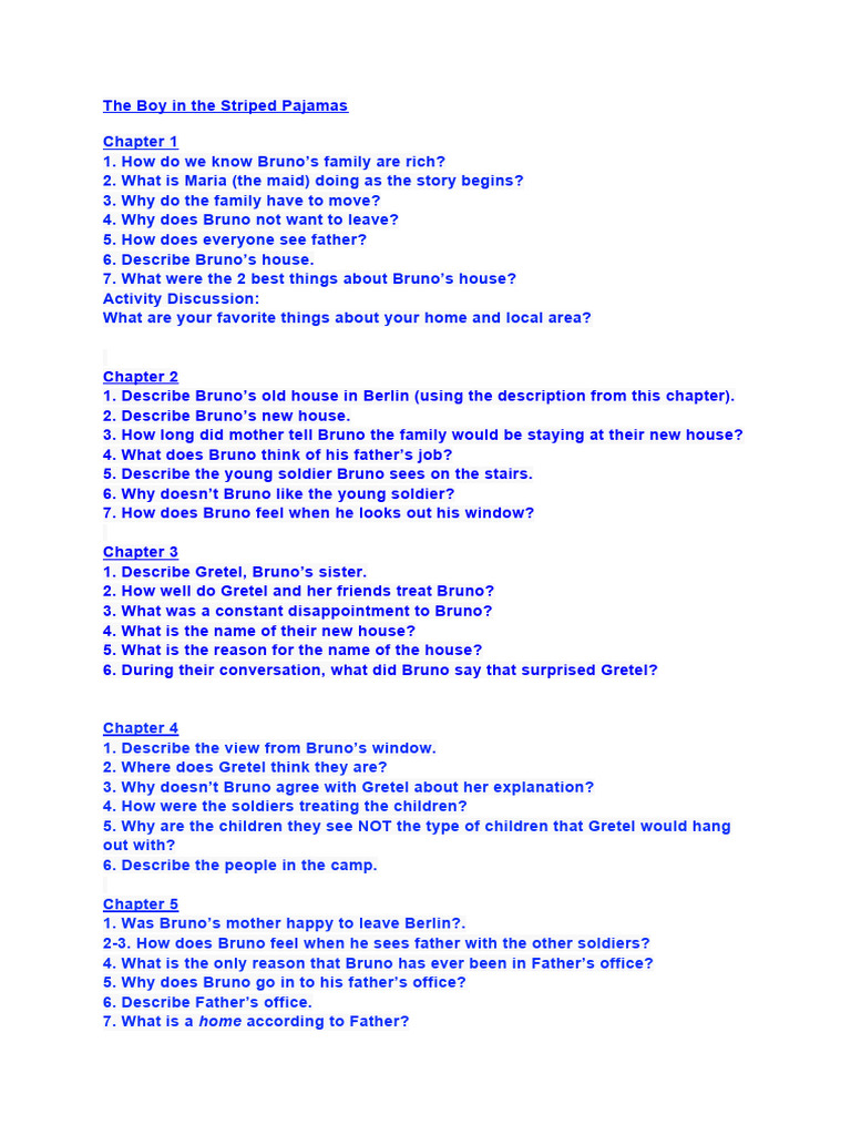 The Boy in the Striped Pajamas questions | PDF