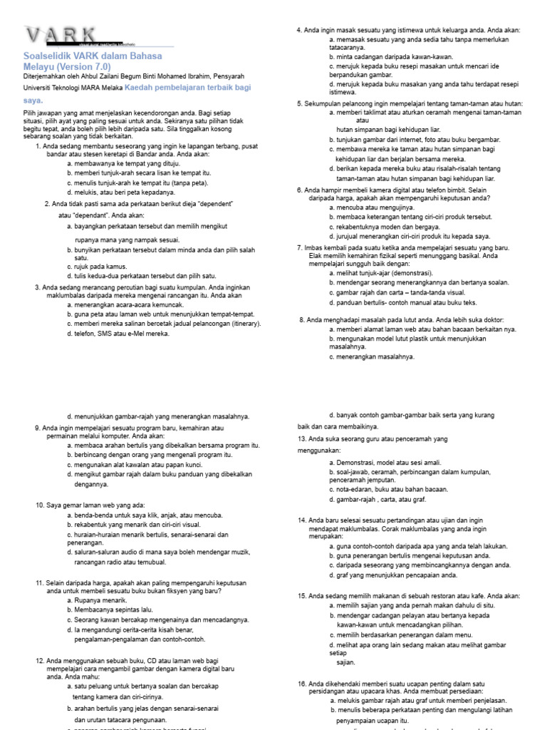 VARK TEST (MALAY VERSION) | PDF