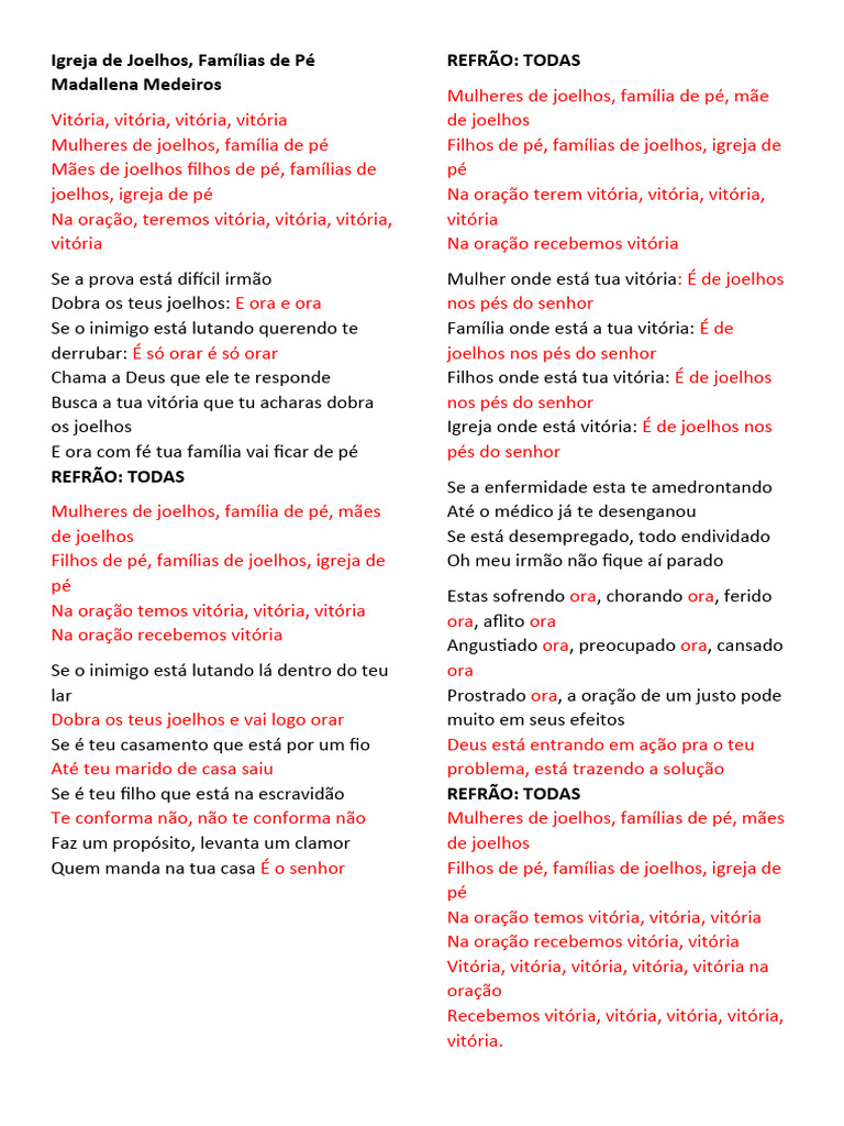 Para Imprimir - Letra - Igreja de Joelhos | Download grátis PDF | Oração