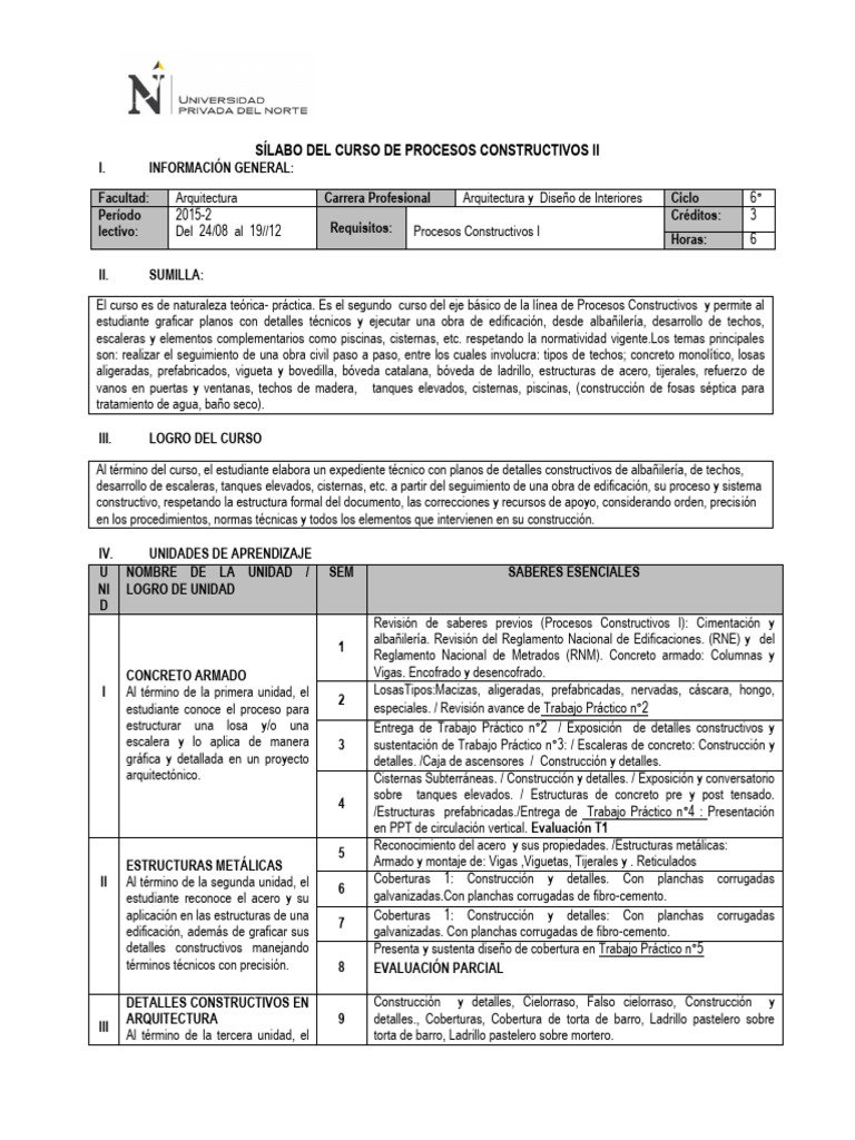 _2015_2 SILABO DE PROCESOS CONSTRUCTIVOS II 2015 - 2 | PDF | Albañilería | Carpintería