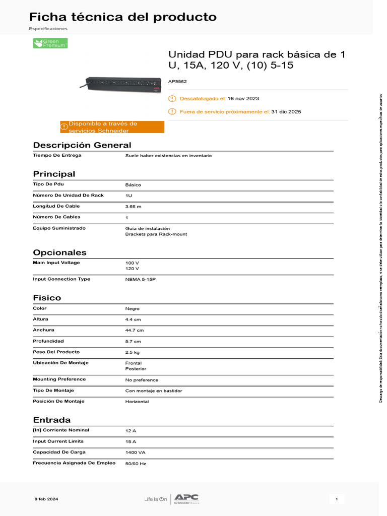 PDU Rack 1U AP9562 15A 120V | PDF