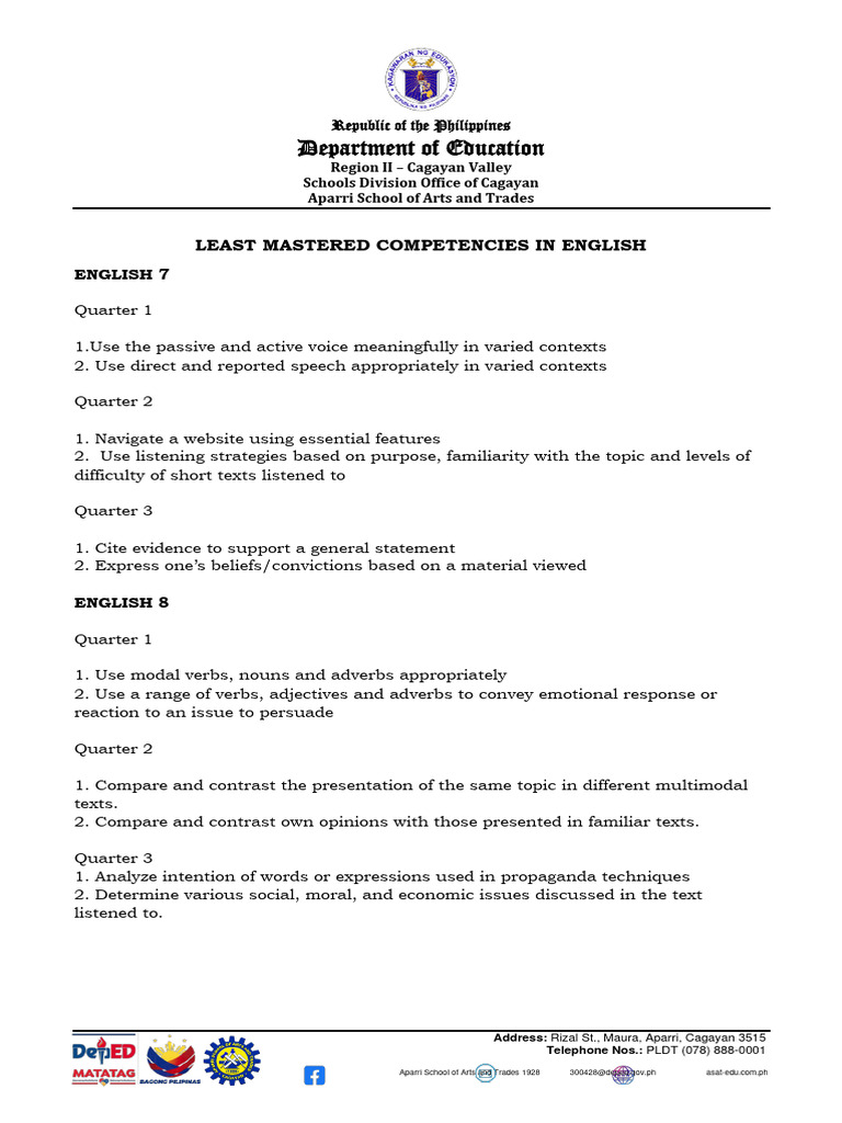 Least Mastered Competencies | PDF | Verb | Adverb
