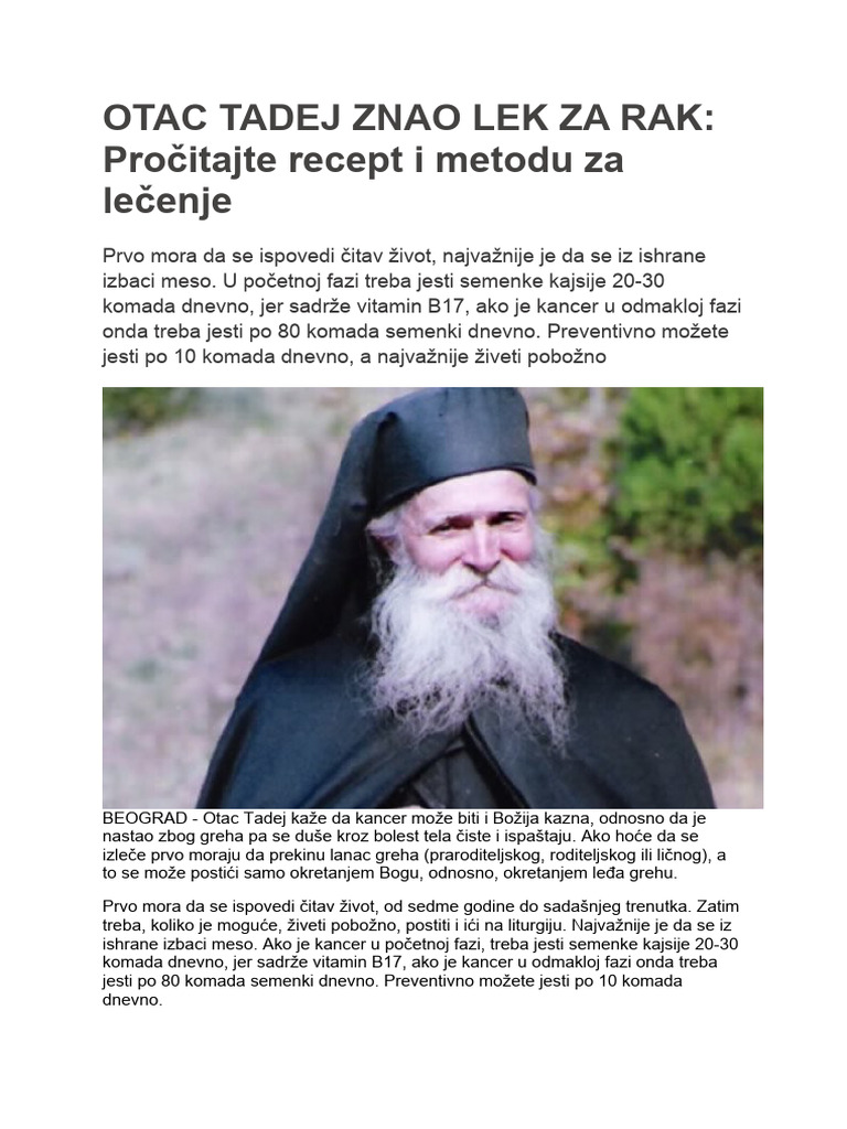 Otac Tadej Znao Lek Za Rak | PDF