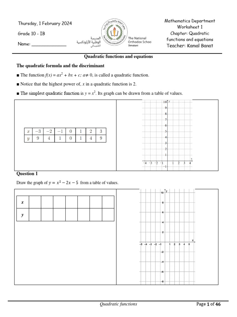 Quadratic Functions Worksheet | PDF | Quadratic Equation | Analytic Geometry