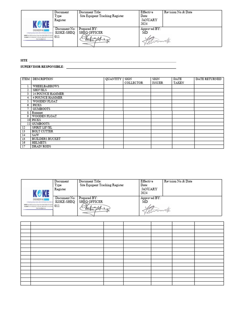 Equipment Register - Copy | PDF