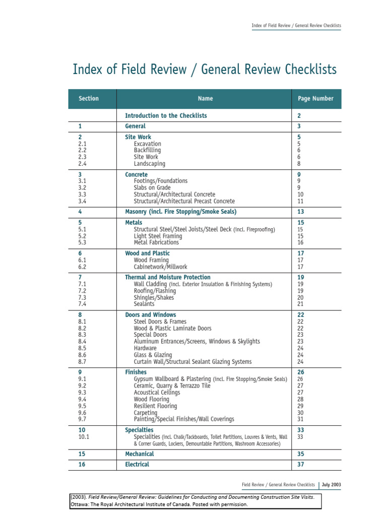 RAIC Field Review Checklists | PDF | Concrete | Architect