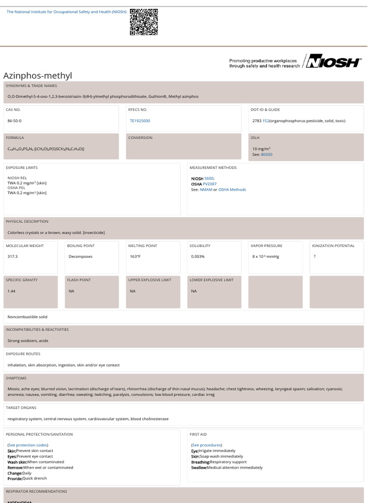 CDC - NIOSH Pocket Guide To Chemical Hazards - Azinphos-Methyl - 2019 ...