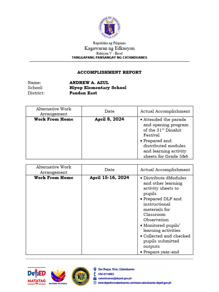ACCOMPLISHMENT REPORT Andoy | Download Free PDF | Learning | Behavior Modification