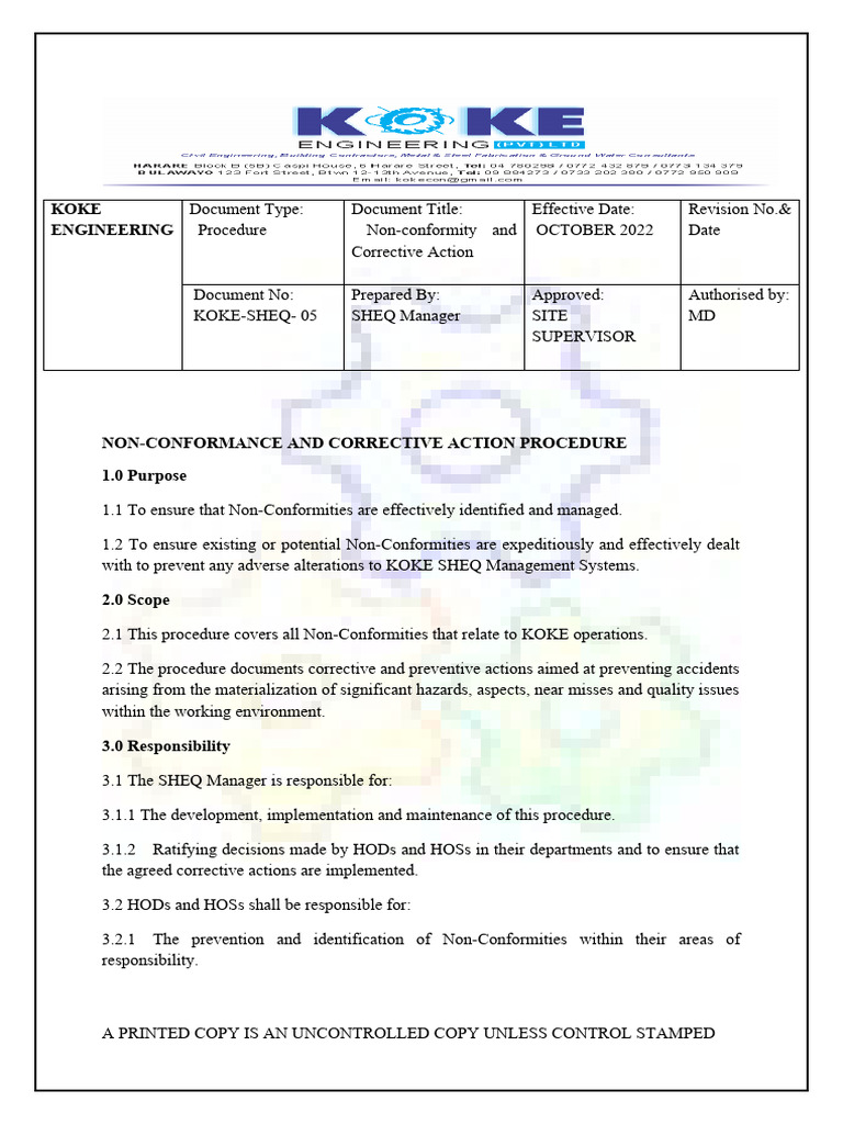 Non-Conformance and Corrective Action Procedure | PDF | Business | Safety